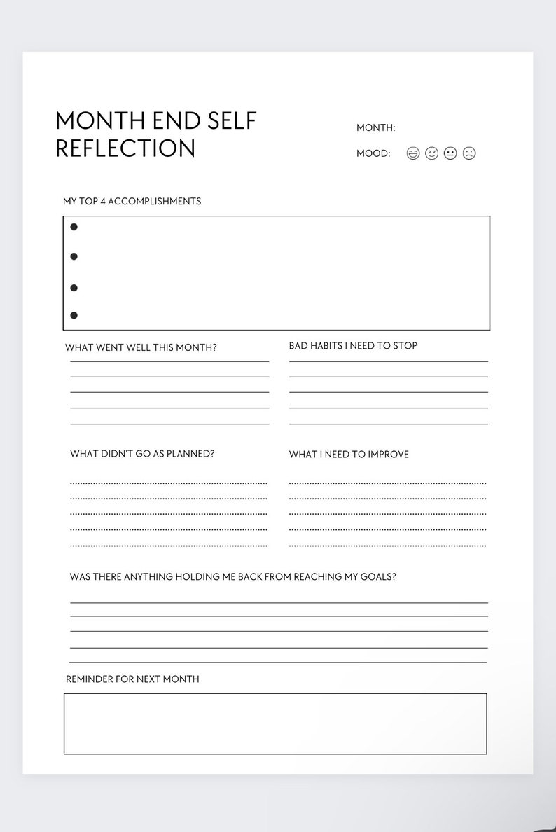 Month End Self Reflection Planner,monthly Reflection Journal,personal ...