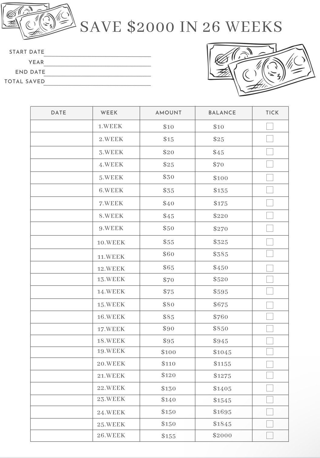 Save 2000 in 26 Weeks Money Challenge,money Saving Challenge, Savings ...