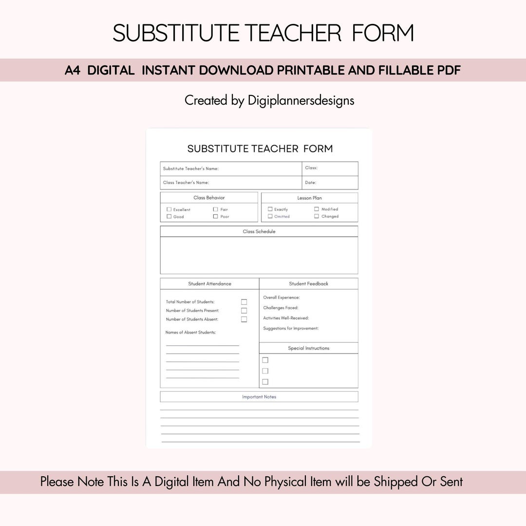 Substitute Teacher Form,lesson Planner,substitute Planner,teacher Sub ...