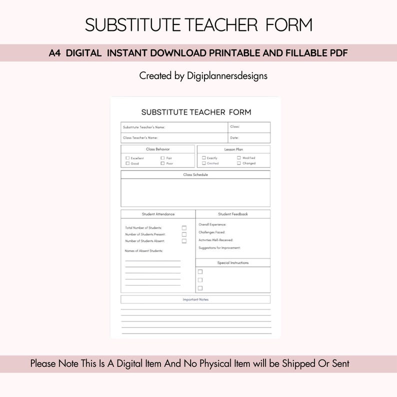 Substitute Teacher Form,lesson Planner,substitute Planner,teacher Sub ...