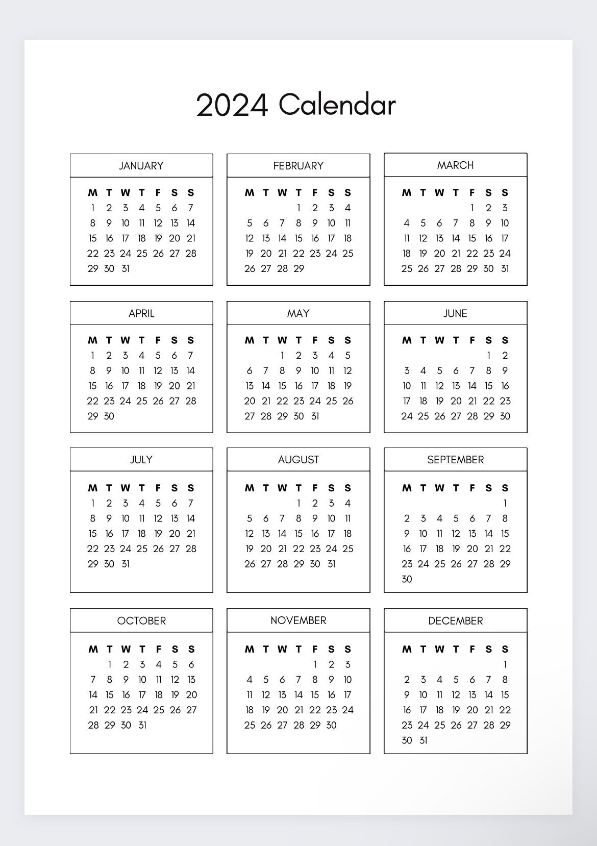 2024 Simple Calendar,year at a Glance,2024 Calendar Printable,one Page ...