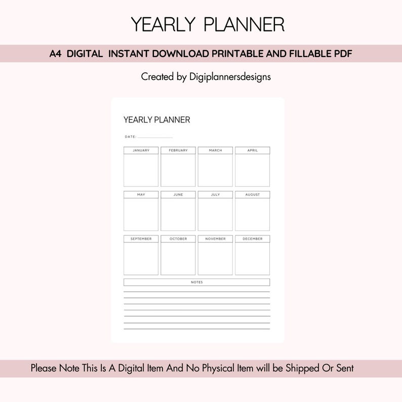 Yearly Planner,year at a Glance,new Year Goals,yearly Organiser,yearly ...