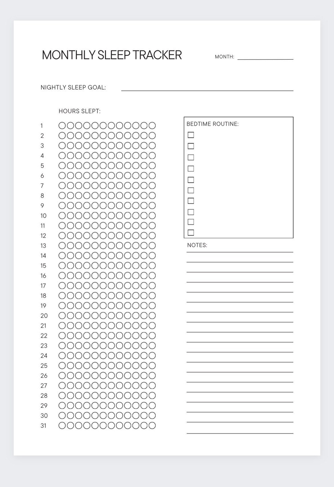 Sleep Tracker Printable, Monthly Sleep Log, Sleep Quality Journal ...