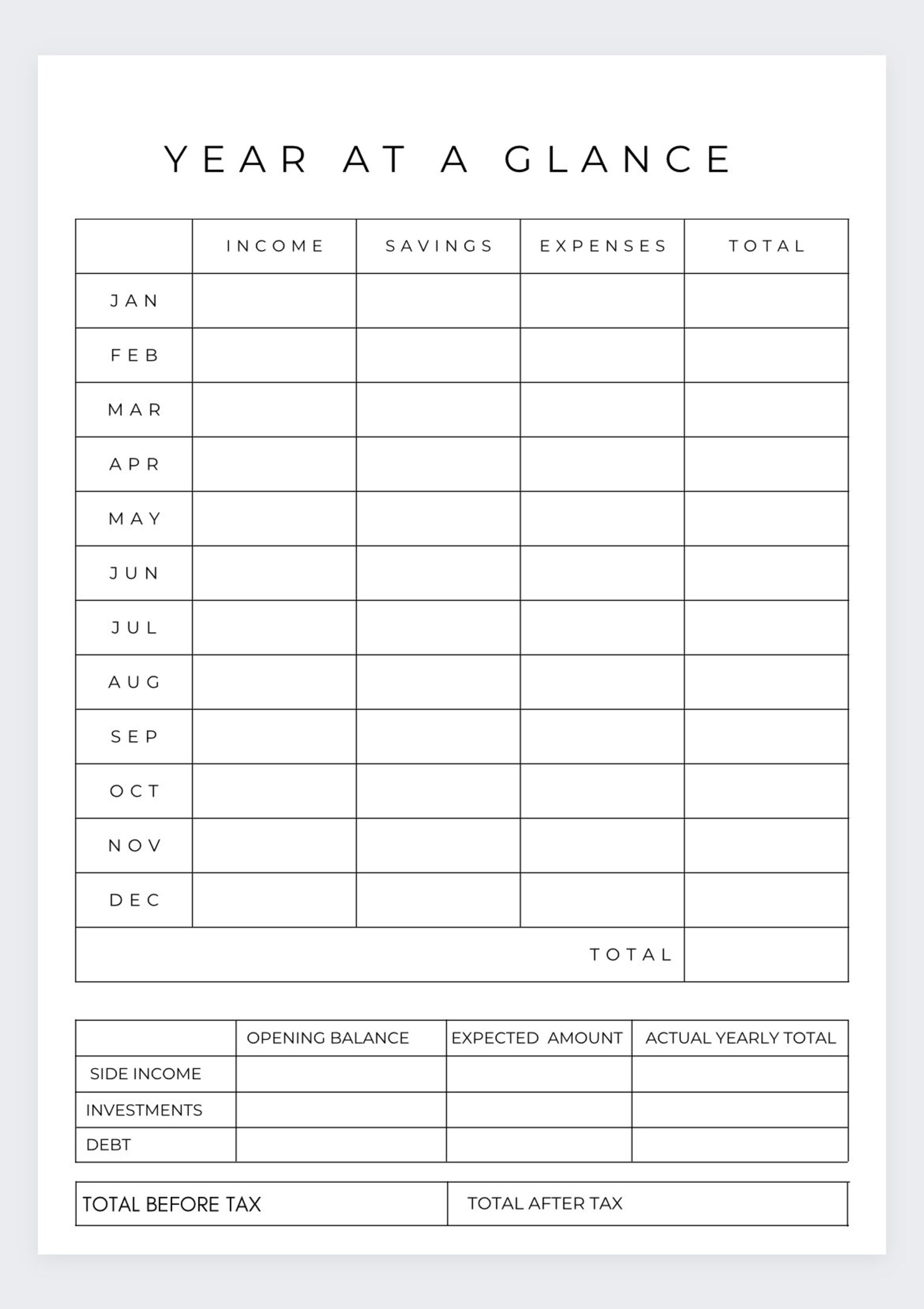 Year at a Glance,finance Tracker,annual Finance Planner,yearly Income ...