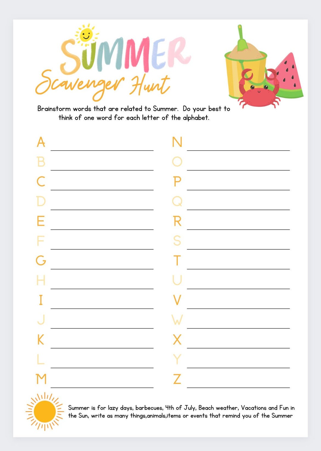 Summer Scavenger Hunt: Kids Printable Alphabet Game (digital Download ...