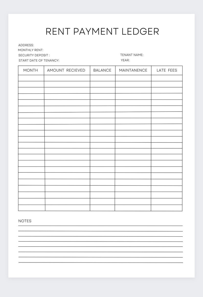 Rent Payment Ledger, Rent Tracker, Monthly Rent Log, Rental Payment ...