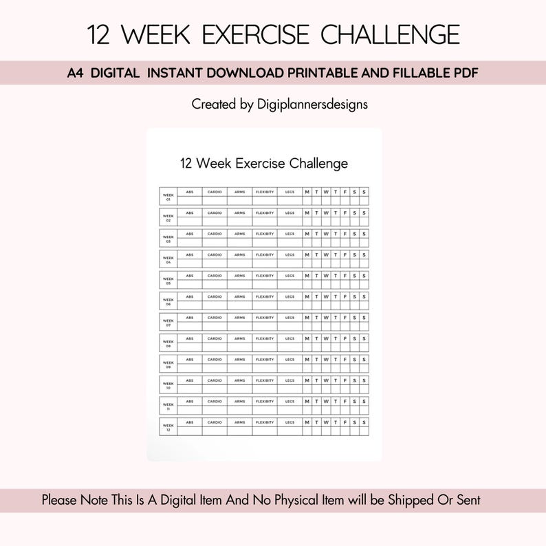 12 Week Exercise Challenge,workout Tracker,fitness Log,workbook Log ...
