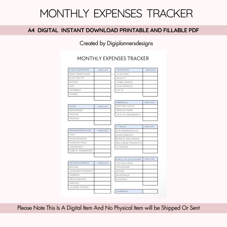 Baby Blue Monthly Expense Tracker, Monthly Budget Planner, Expense Log ...