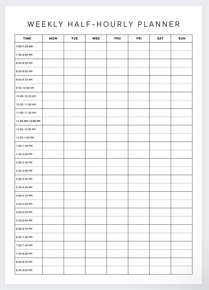 Weekly Half Hourly Planner,time Blocking,printable Schedule,hourly ...