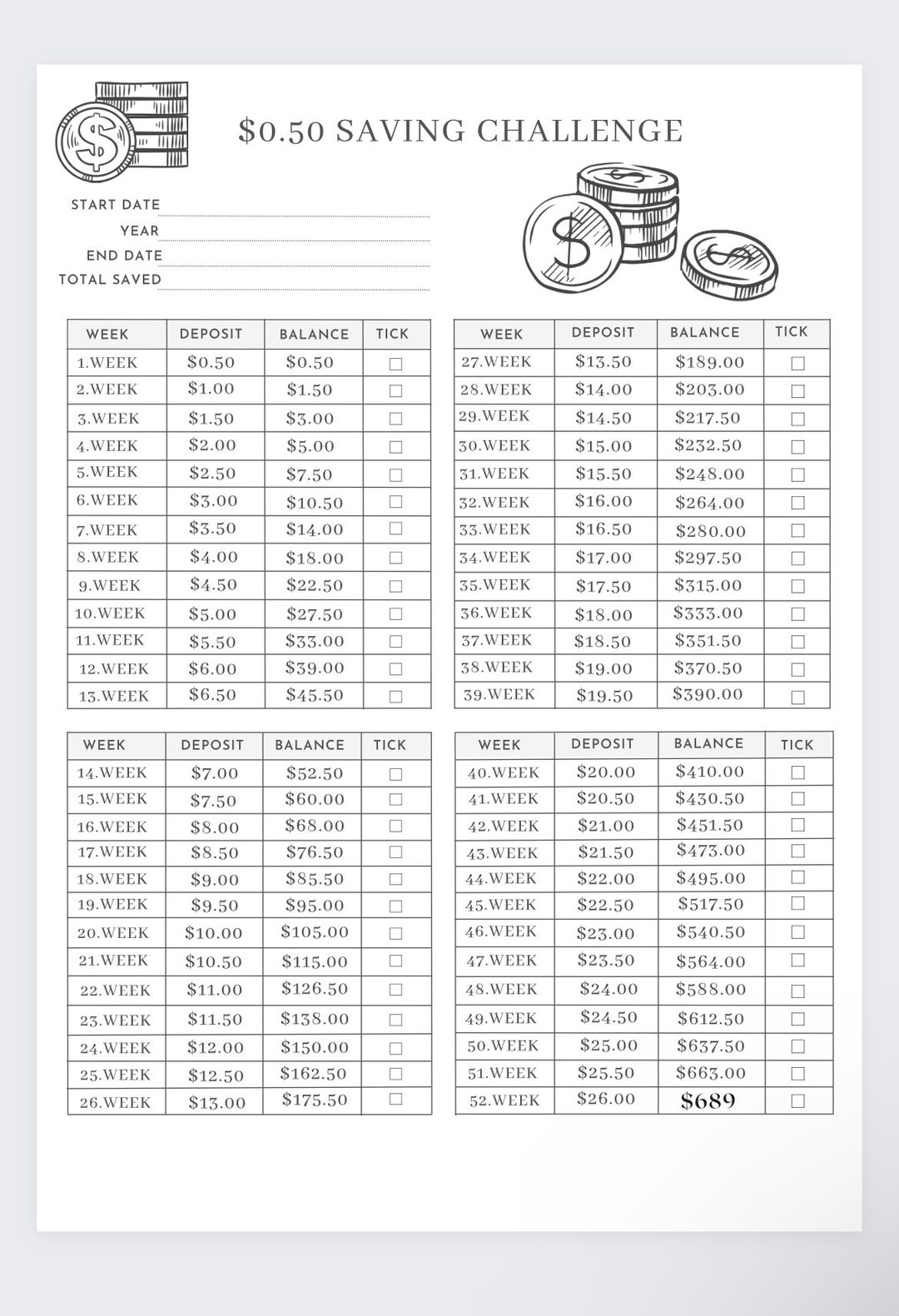 Save 50 Cents a Week Money Challenge, 52 Week Savings Challenge ...