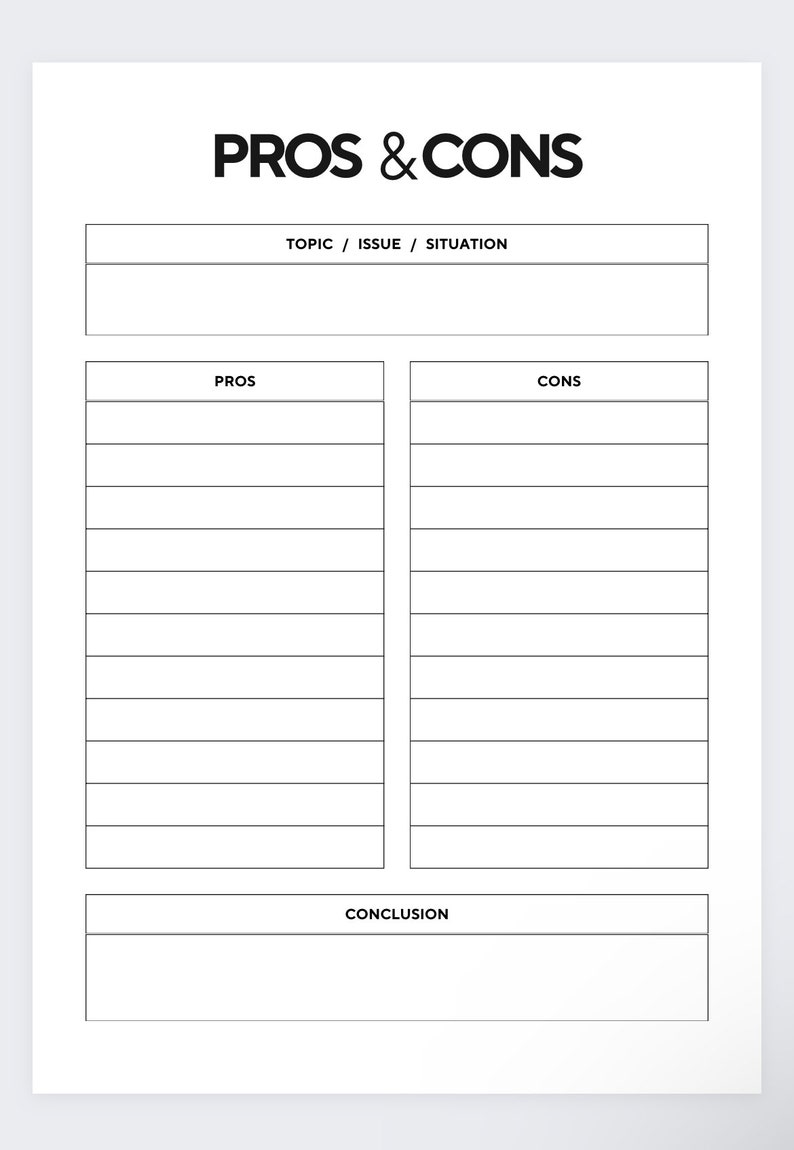 Pros and Cons List,advantages and Disadvantages List,decision Evaluation Sheet Pros Vs Cons ...