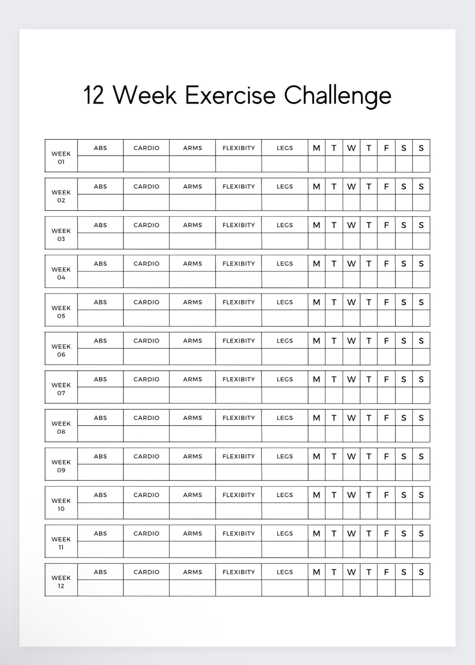 12 Week Exercise Challenge,workout Tracker,fitness Log,workbook Log ...