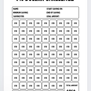 10 Dollar Saving,printable Savings Challenge,savings Tracker,savings ...