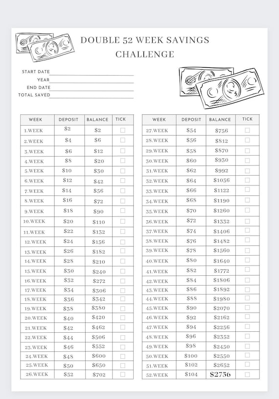 Double 52 Week Savings Challenge Savings Bindersaving - Etsy