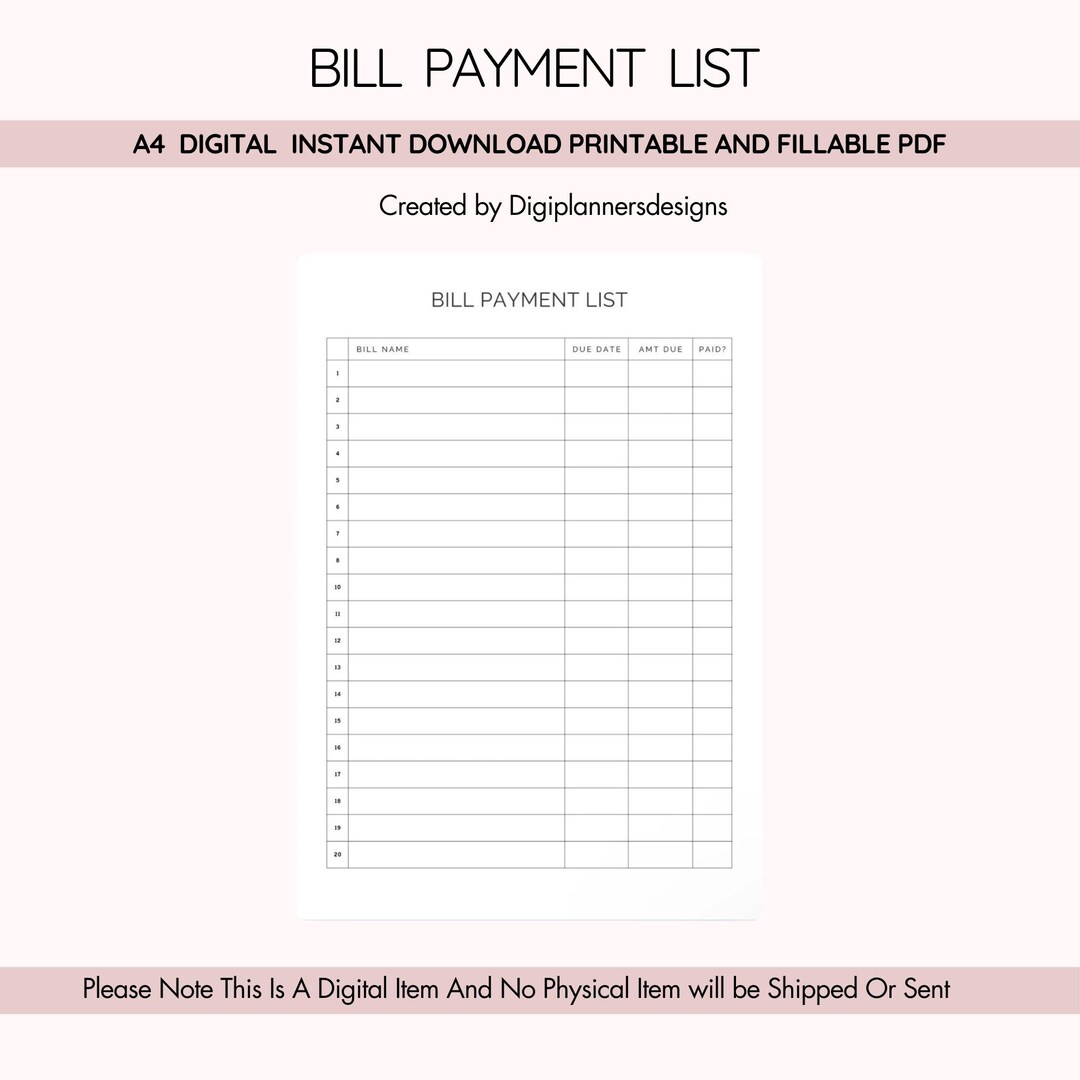 Bill Payment List, Monthly Bill Tracker, Payment Due Checklist, Expense ...