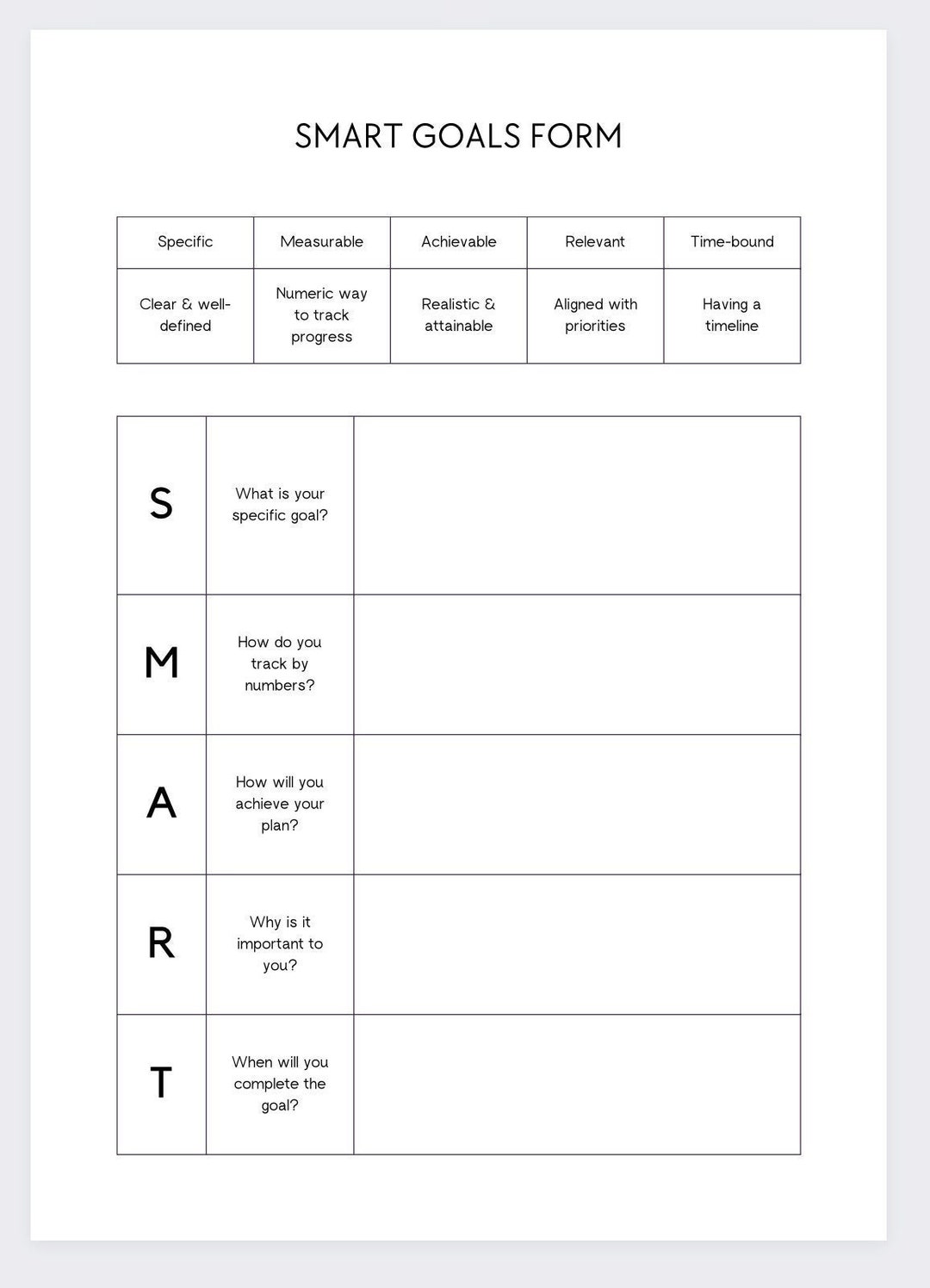 Smart Goal Sheet,goals Planner,smart Goal Printable,goal Setting ...