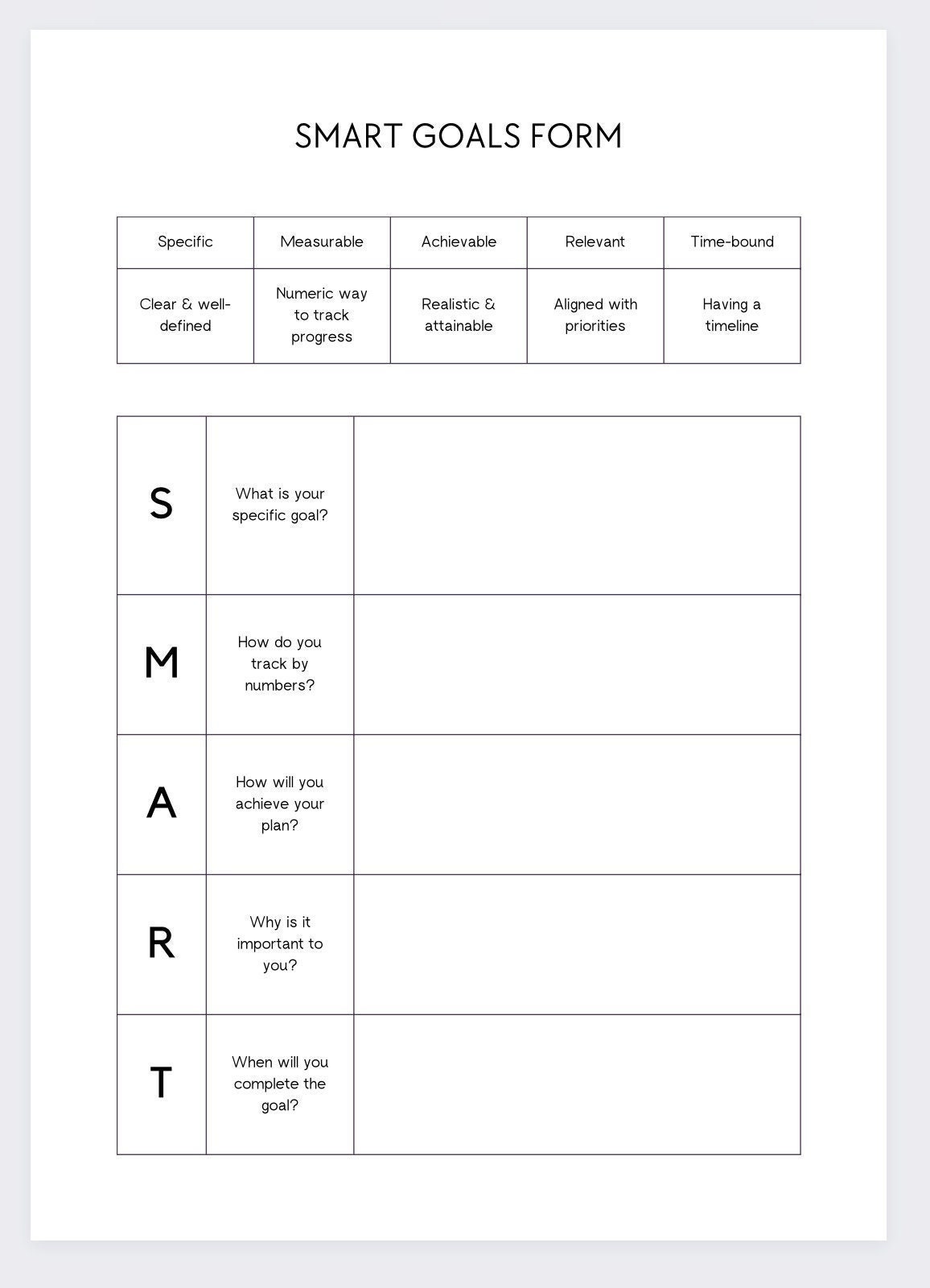 Smart Goal Sheet,goals Planner,smart Goal Printable,goal Setting ...
