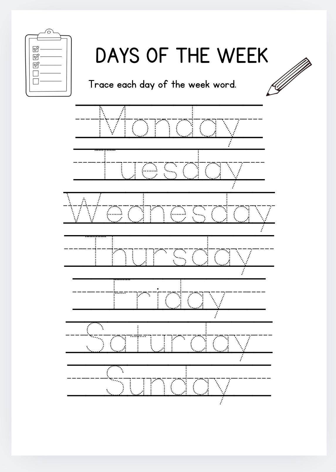 Tracing Days of the Week Printable, Writing Practice, Preschool ...