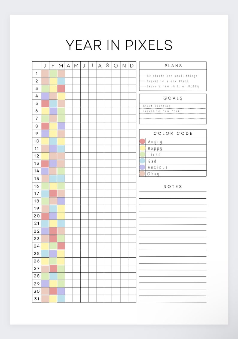 Year in Pixels, Mood Tracker, Daily Mood Log, Habit Tracker, Self Care ...