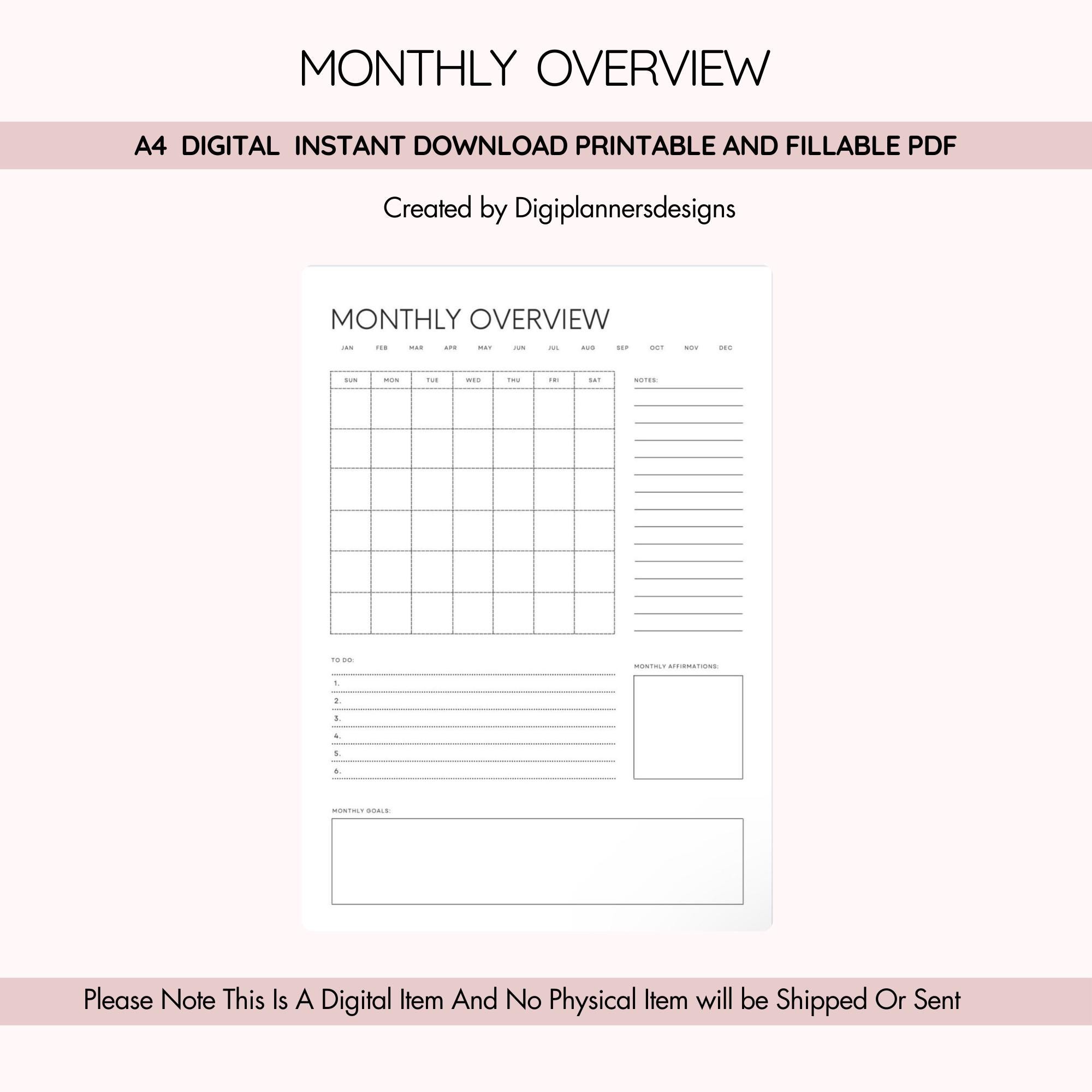 Monthly Overview,month at a Glance,monthly Diary,monthly Planner,adhd ...