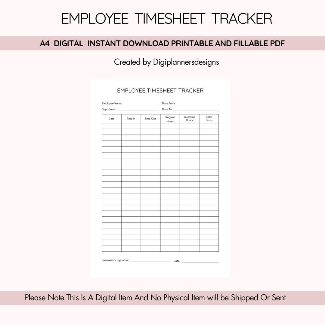 Employee Timesheet Tracker, Work Hours Log Printable,weekly Timesheet ...