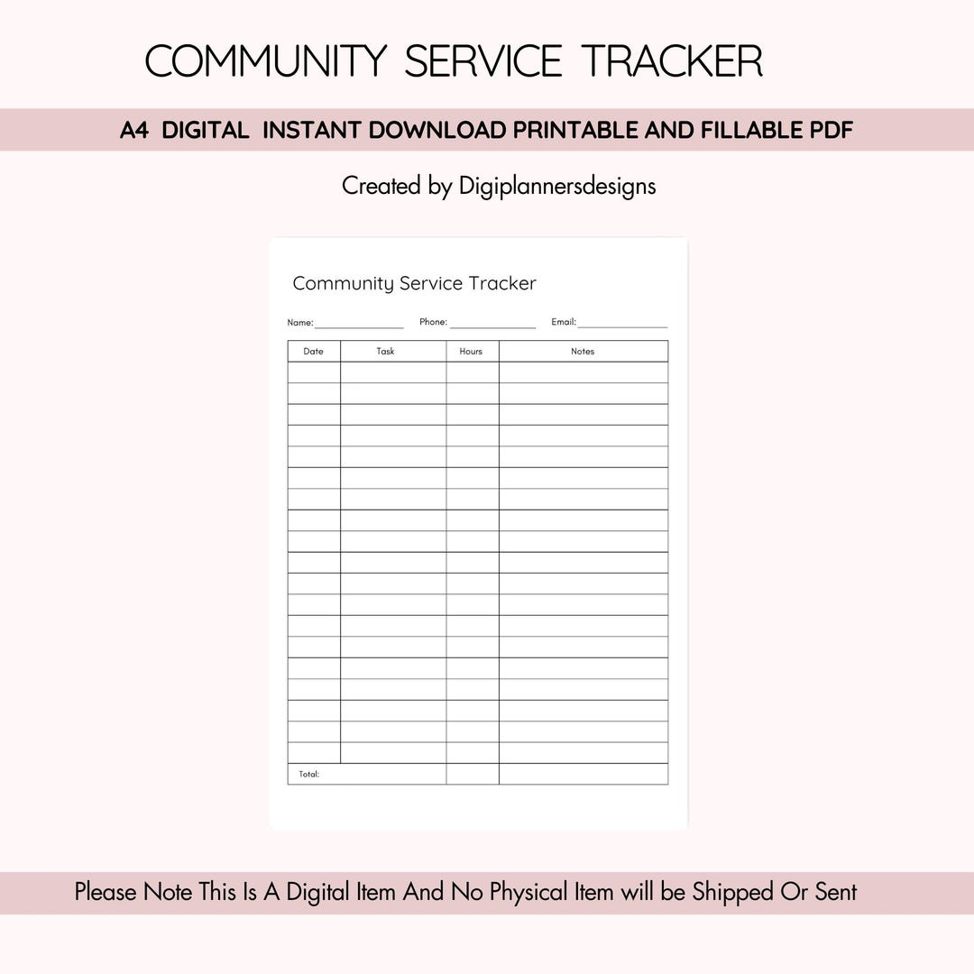 Community Service Tracker,community Service Log,volunteer Hours Record ...