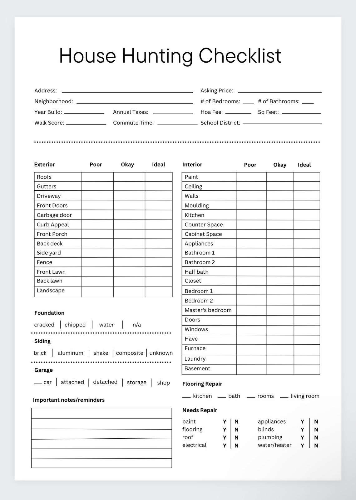 House Hunting Checklist, Home Buying Planner, Real Estate Search Guide ...