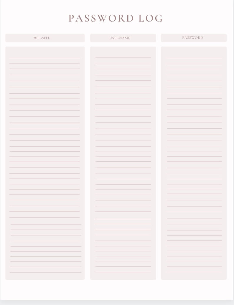 Pale Pink Password Keeper: Printable Password Log (digital Download) - Etsy