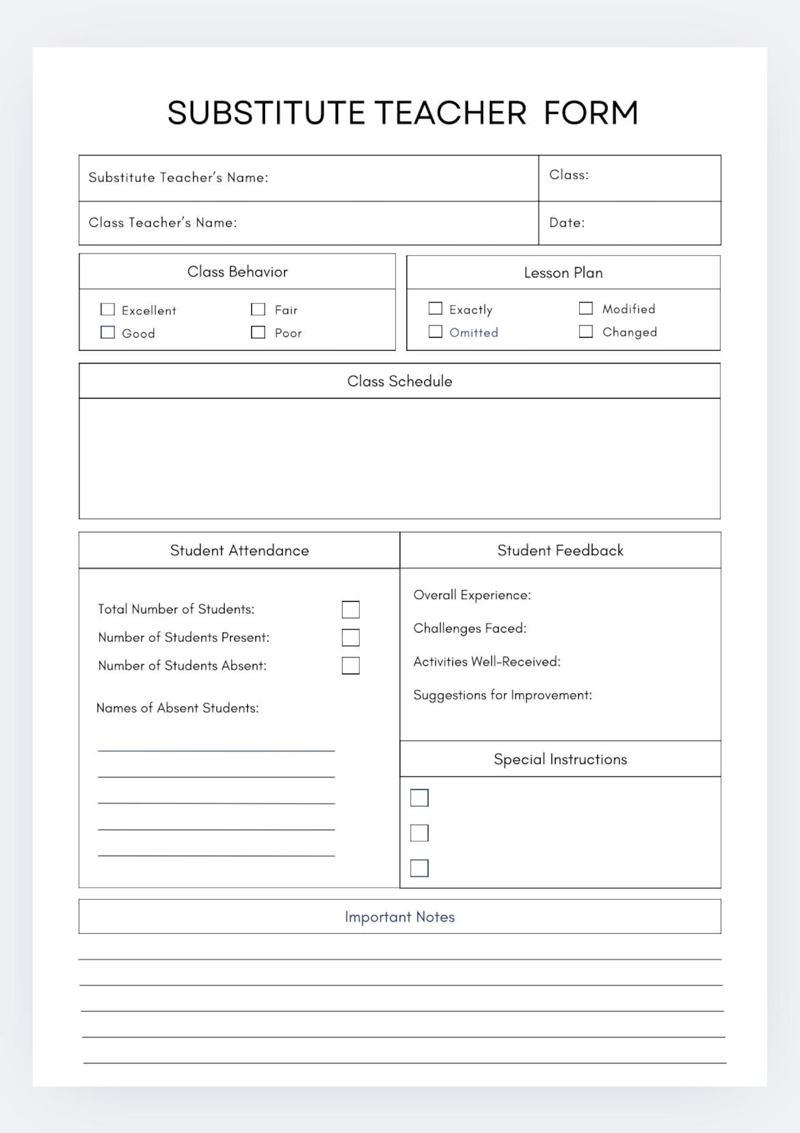 Substitute Teacher Form,lesson Planner,substitute Planner,teacher Sub ...