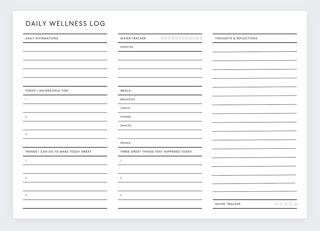 Daily Wellness Log,day at a Glance,daily Selfcare Planner,daily ...