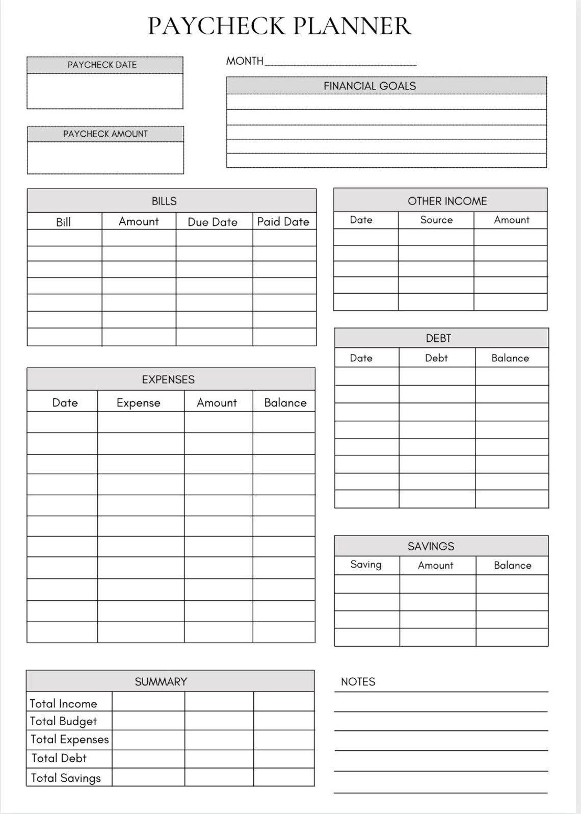 Grey Paycheck Planner,personal Budget,budget by Biweekly,budget ...