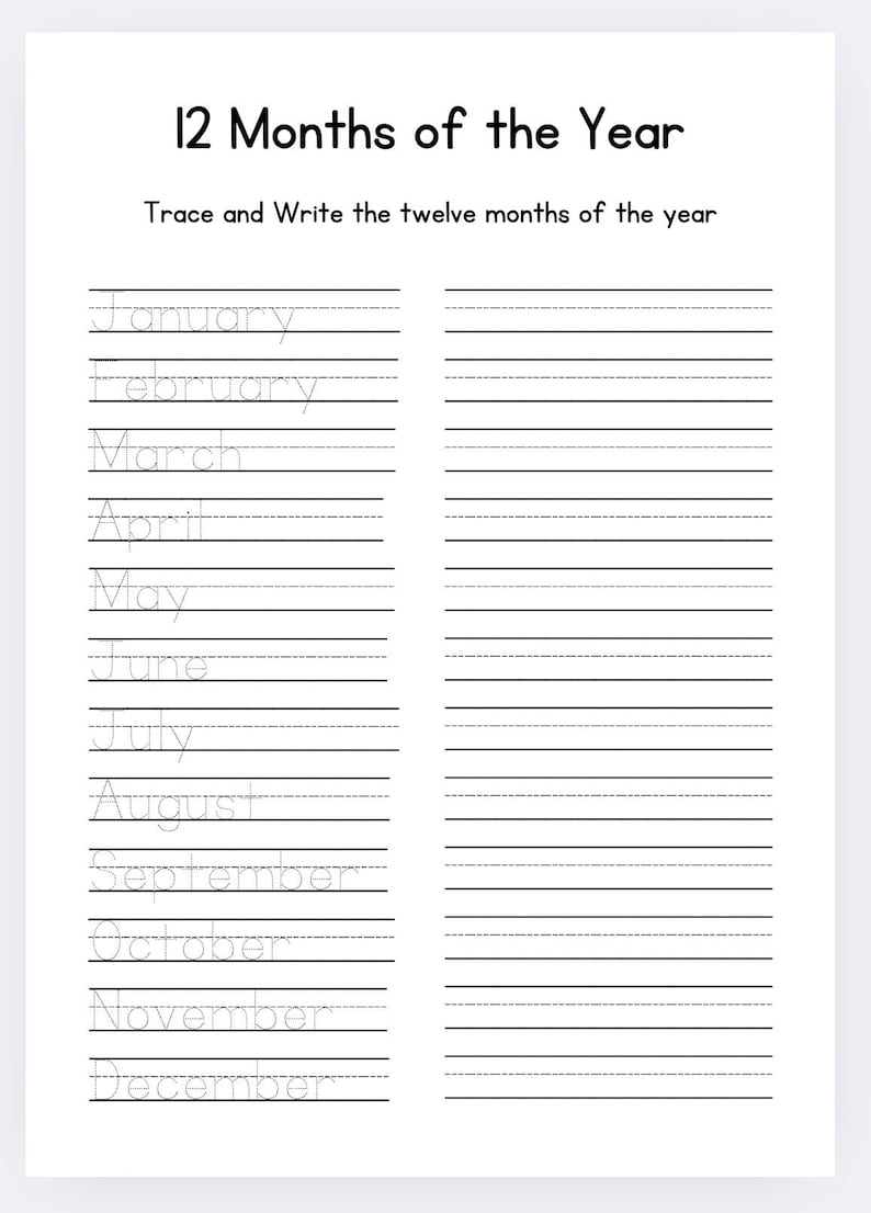 Tracing Months of the Year Printable, Writing Practice Worksheet ...