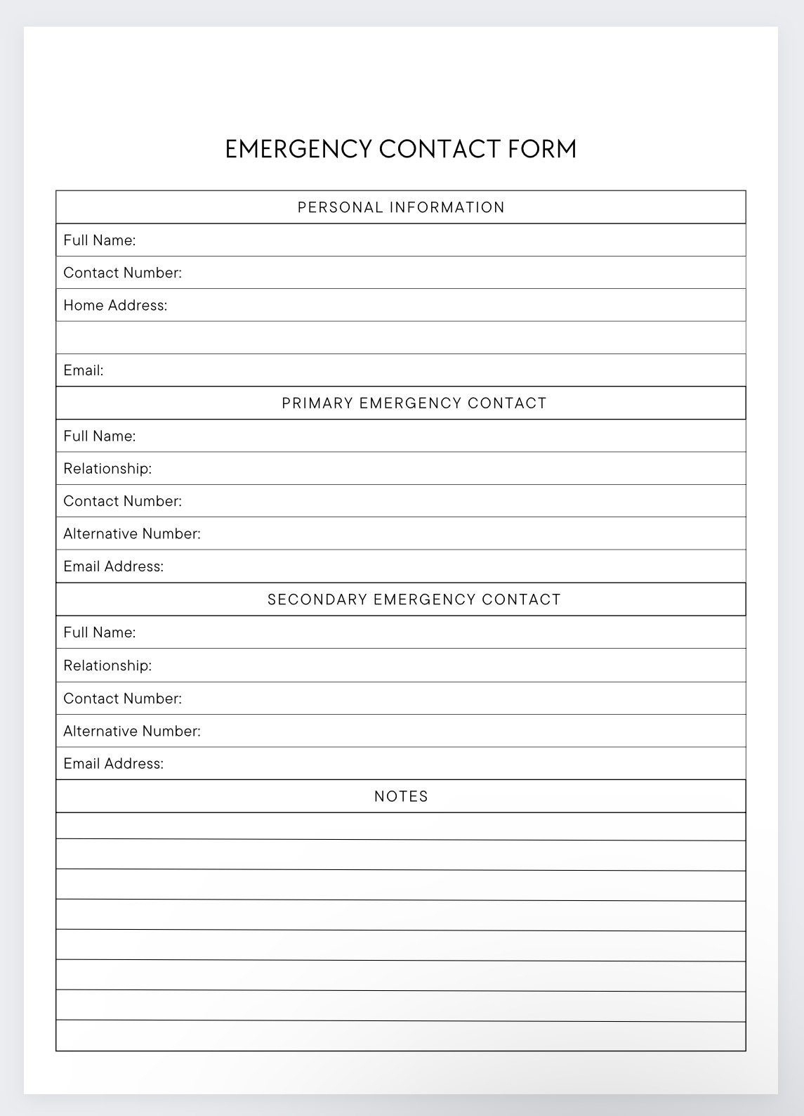 Emergency Contact List Planner: Information Sheet Template - Etsy