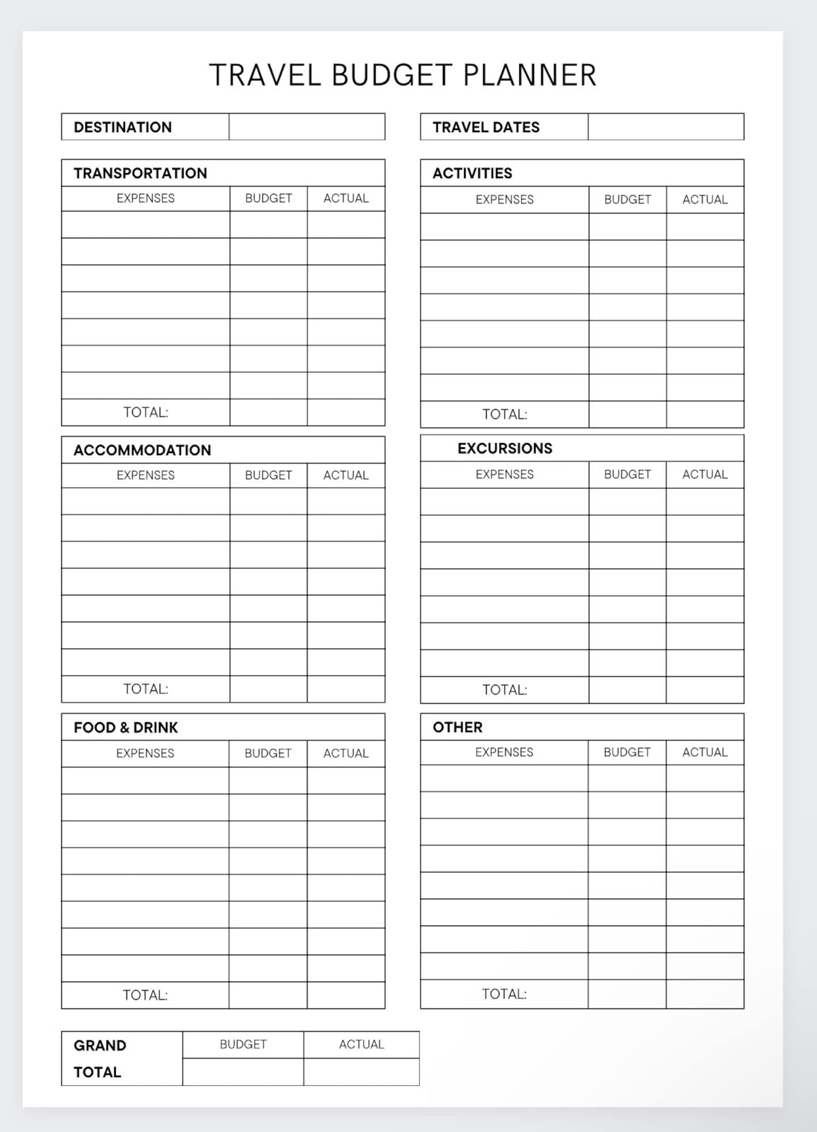 Travel Breakdown Budget Planner,vacation Budget Planner Printable ...