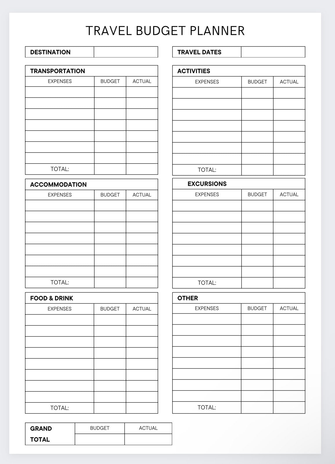 Travel Breakdown Budget Planner,vacation Budget Planner Printable ...