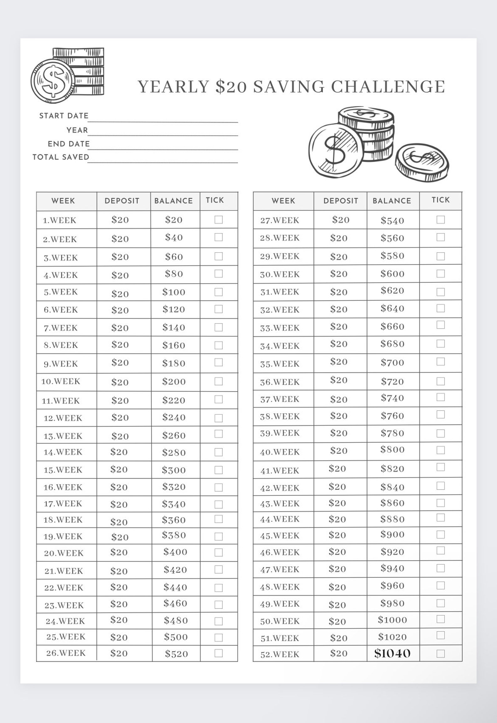 20 Dollar Every Weekmoney Challenge52 Week Money Saving - Etsy