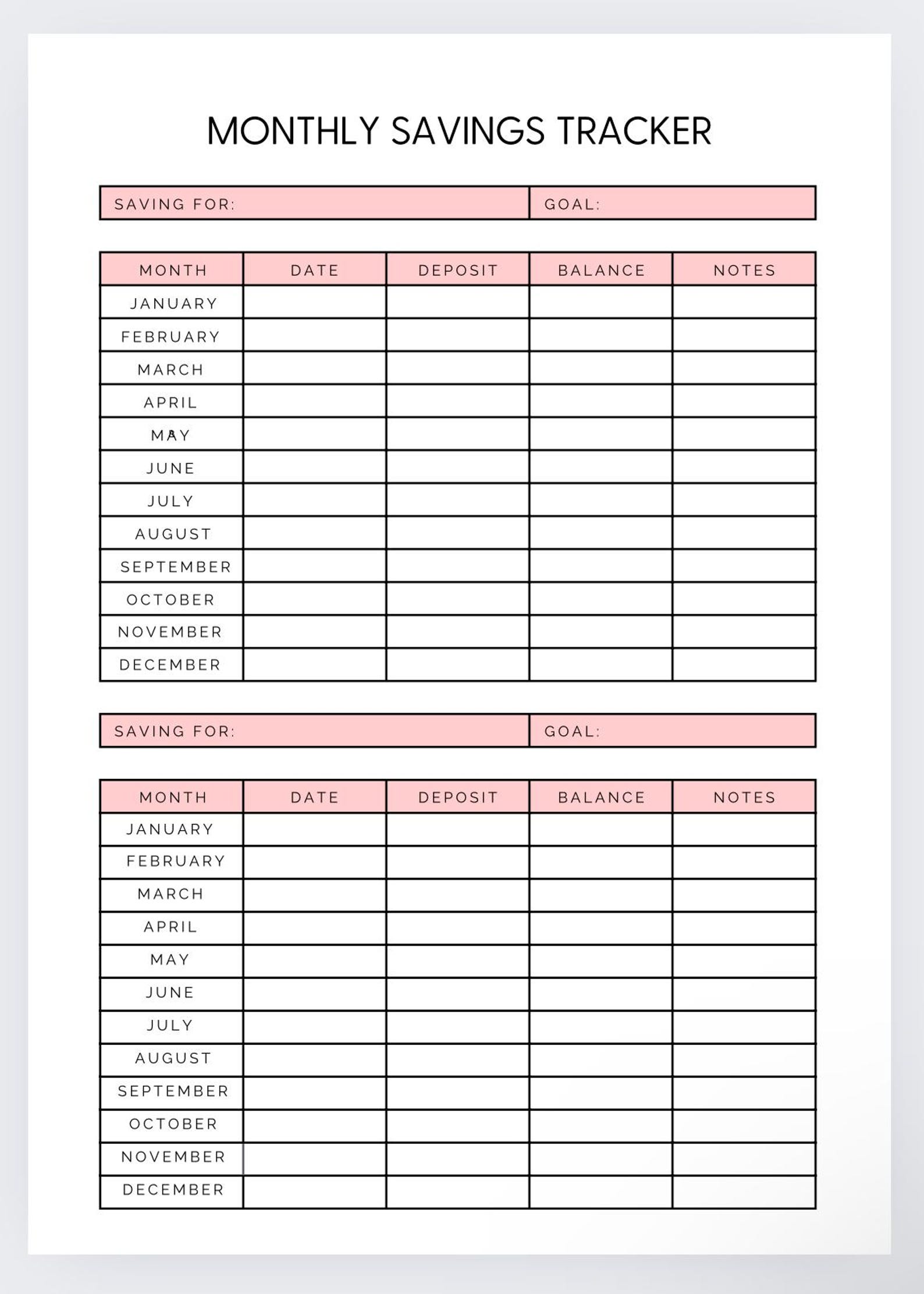 Pink Monthly Savings Tracker Printable PDF, Money Saving Log, Budget ...