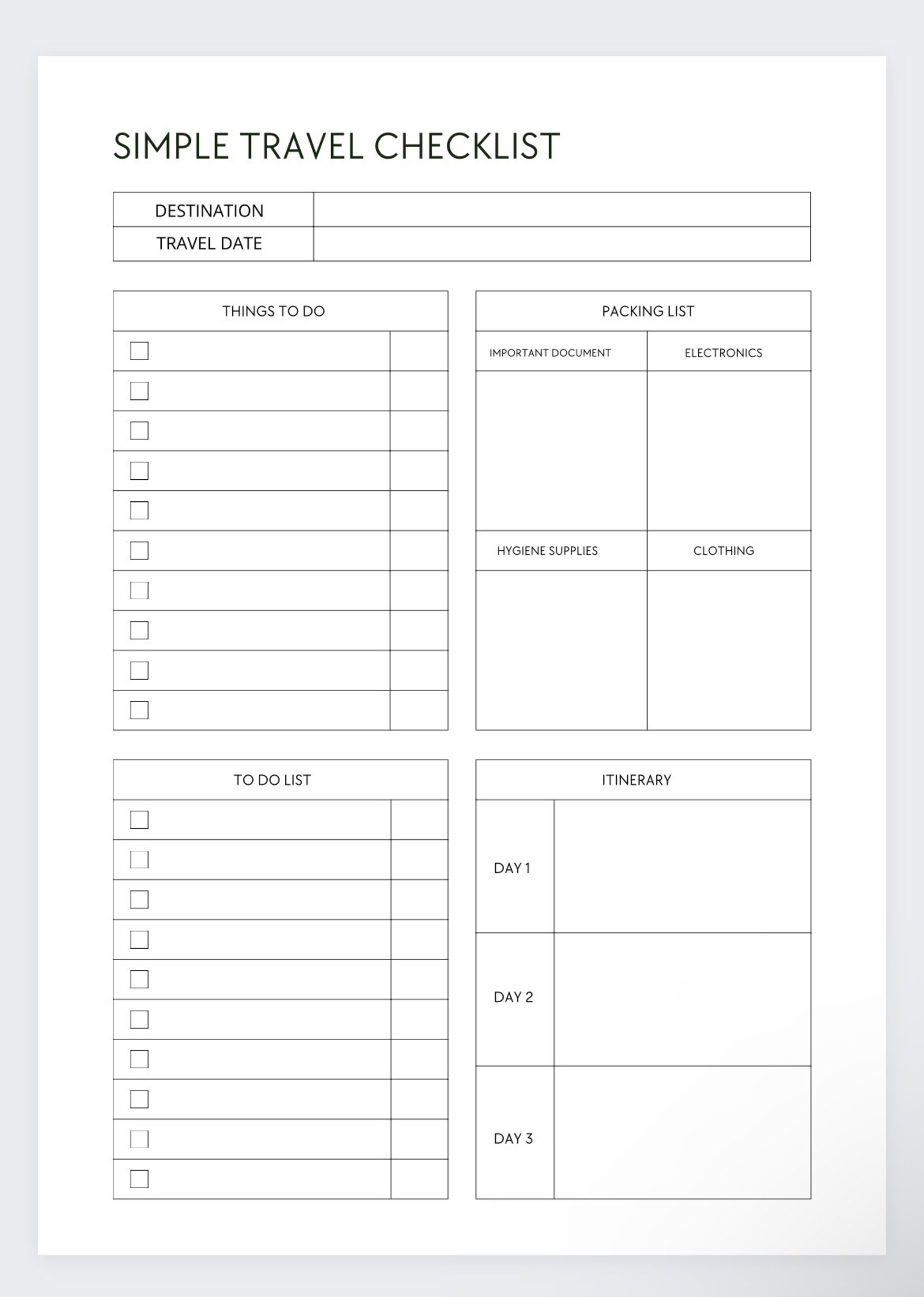 Simple Travel Checklist,essential Travel Planner,packing List,travel ...