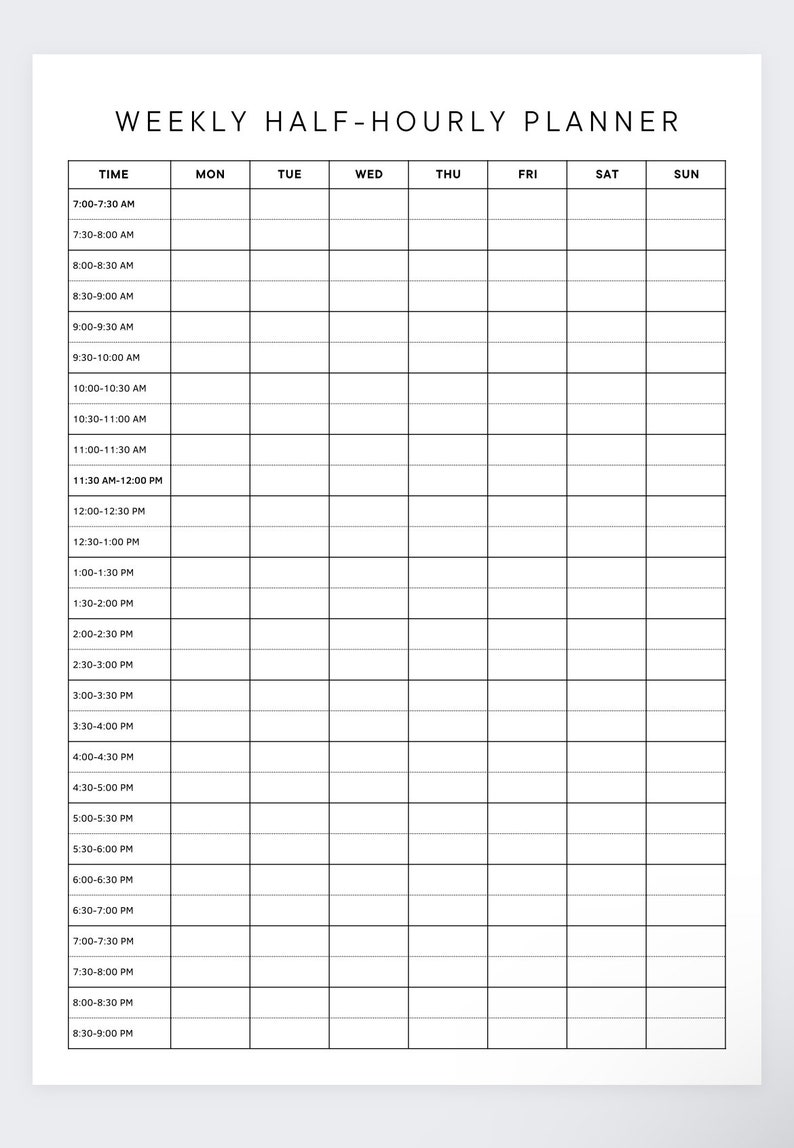 Weekly Half Hourly Planner,time Blocking,printable Schedule,hourly ...