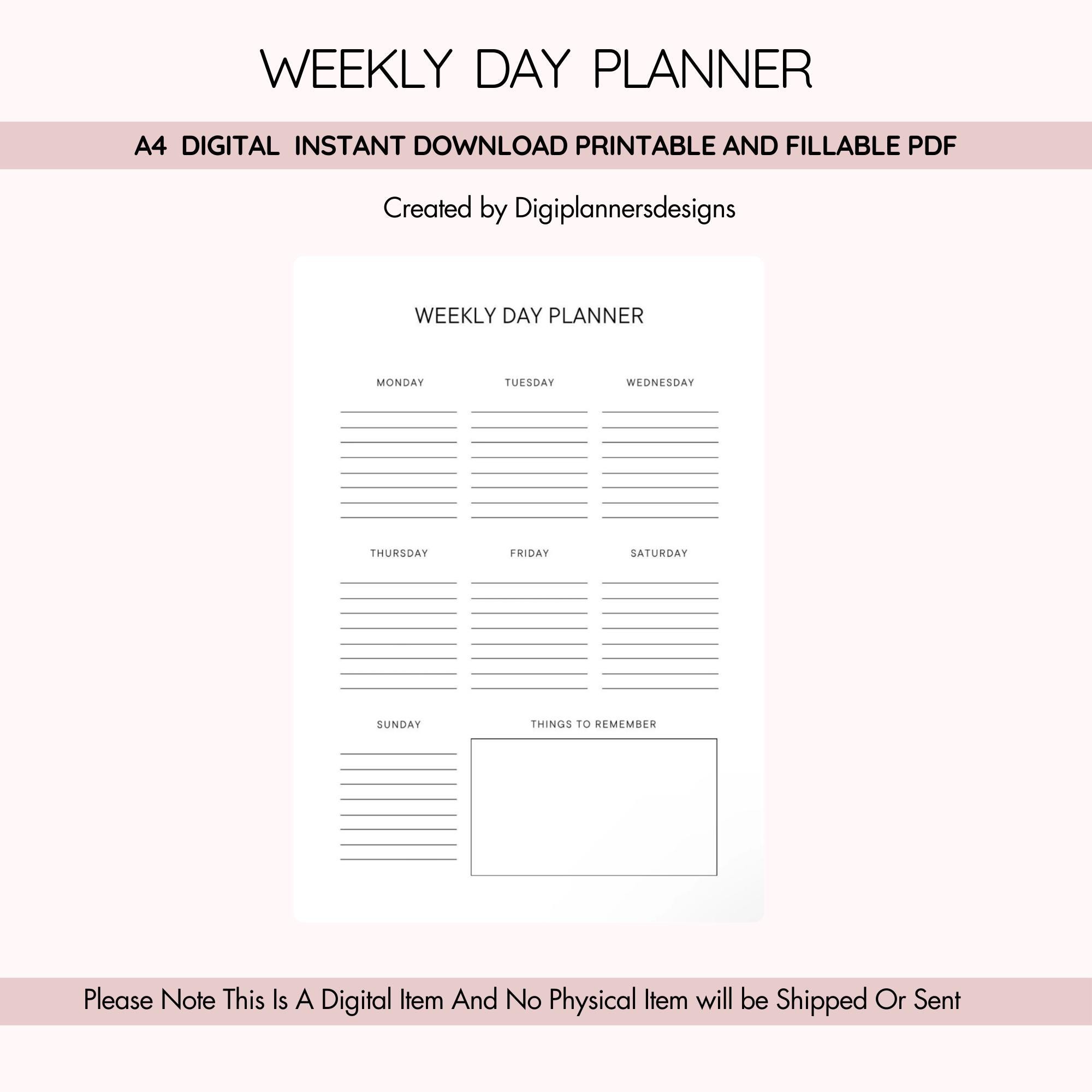 Weekly Day Planner Printable Pdf,daily Schedule Organizer,productivity ...