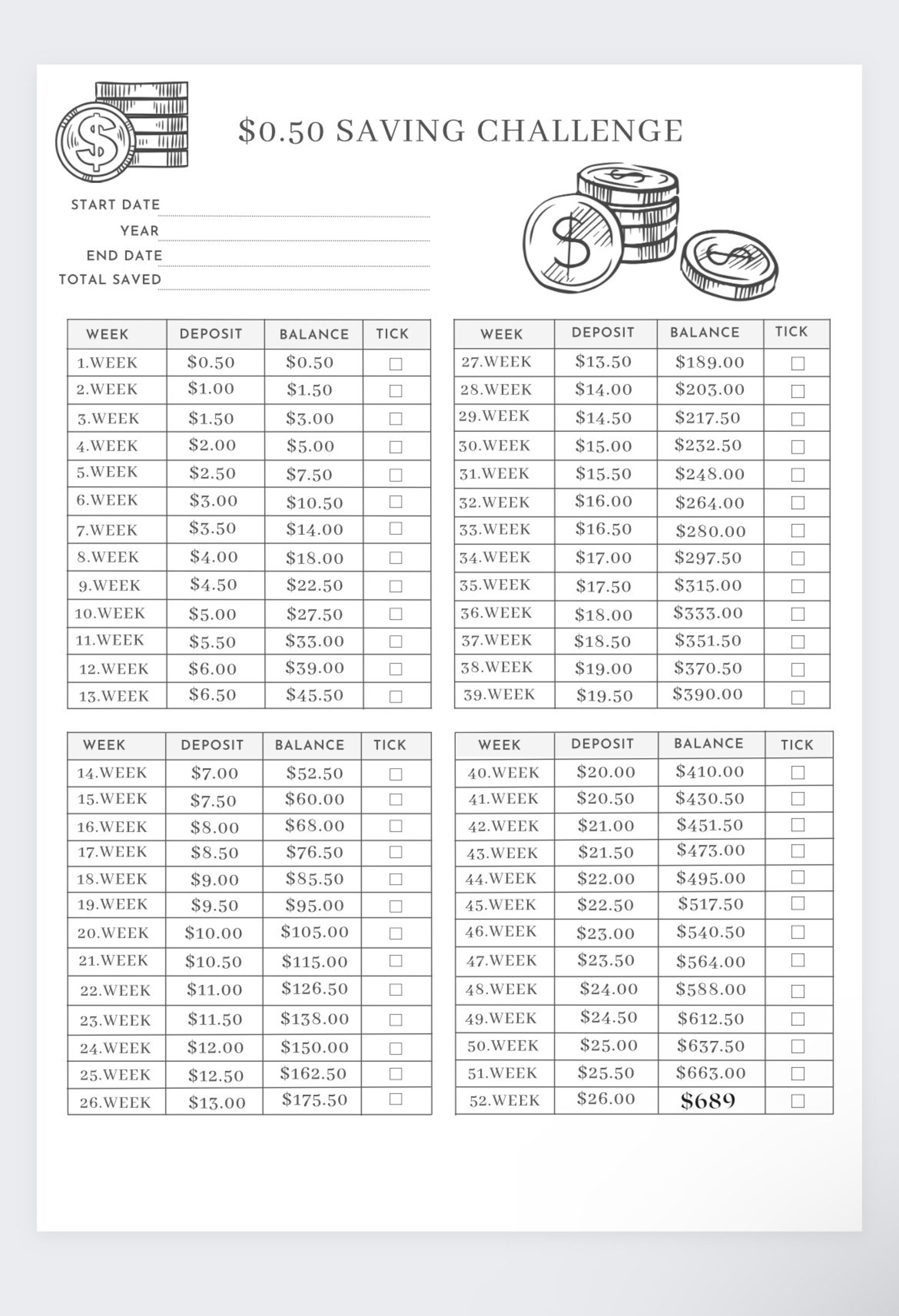 Save 50 Cents a Week Money Challenge 52 Week Savings - Etsy