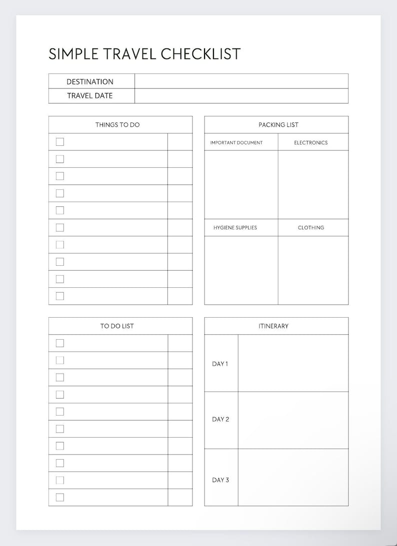 Simple Travel Checklist,essential Travel Planner,packing List,travel ...