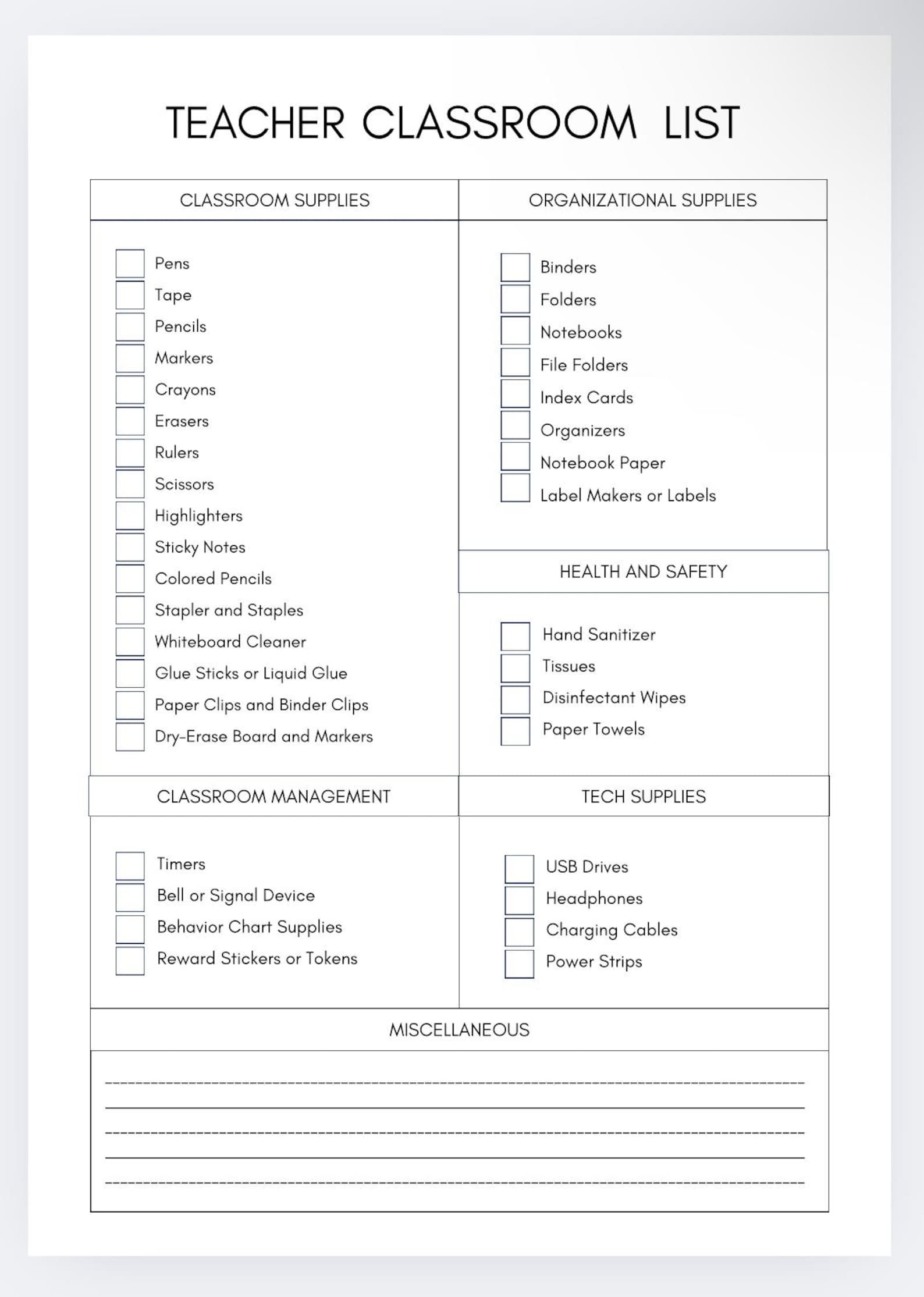 Teacher Classroom List,teacher Checklist,classroom Setup,back to School ...