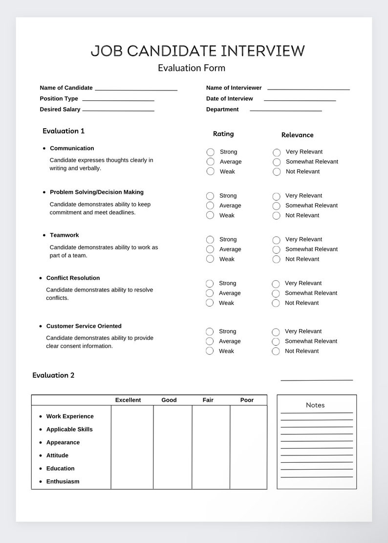 Job Interview Candidate Evaluation Form: Recruiter Template - Etsy