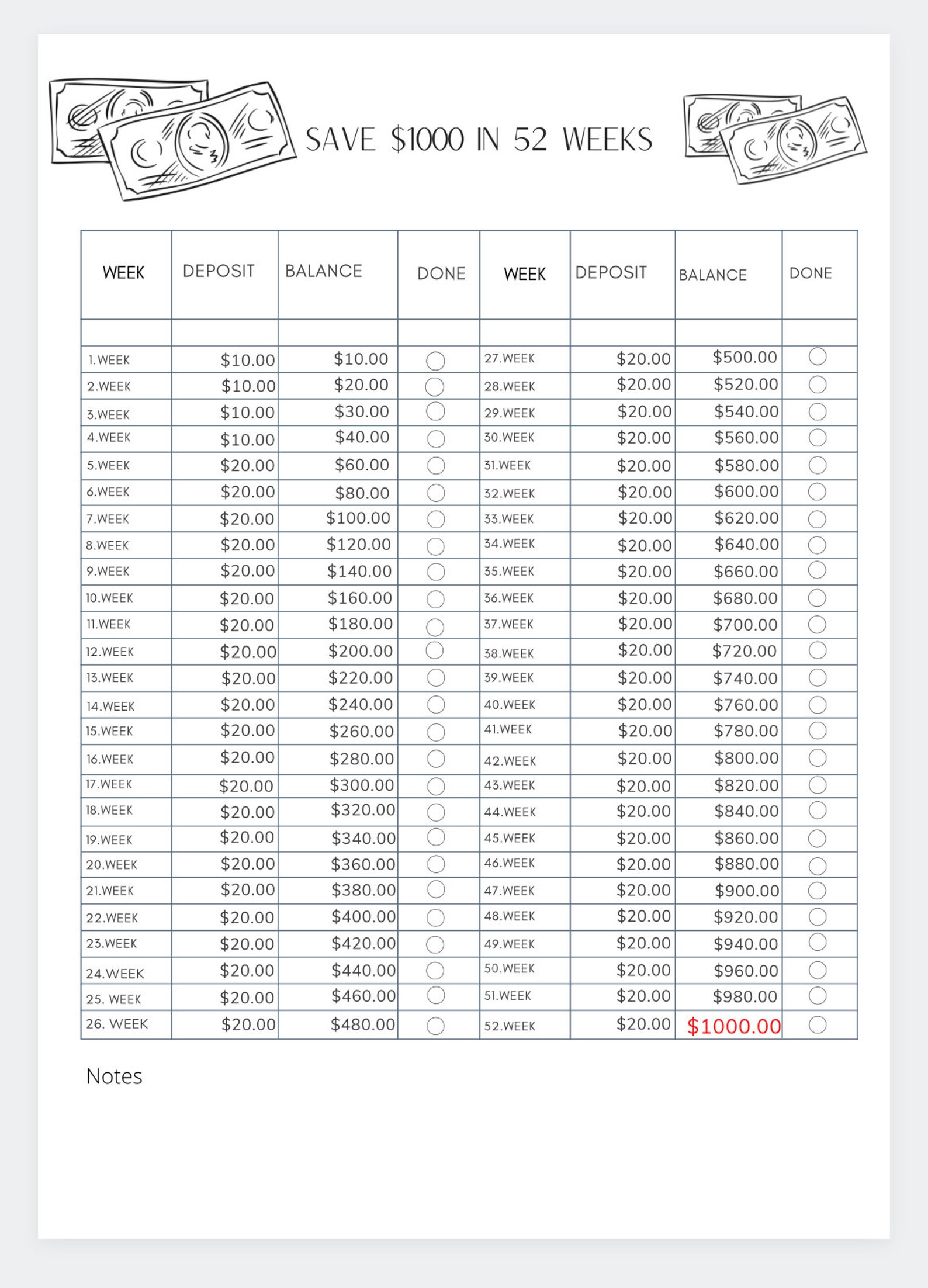 Save 1000 in 52 Weeks Money Challenge,saving Challenge,savings Tracker ...