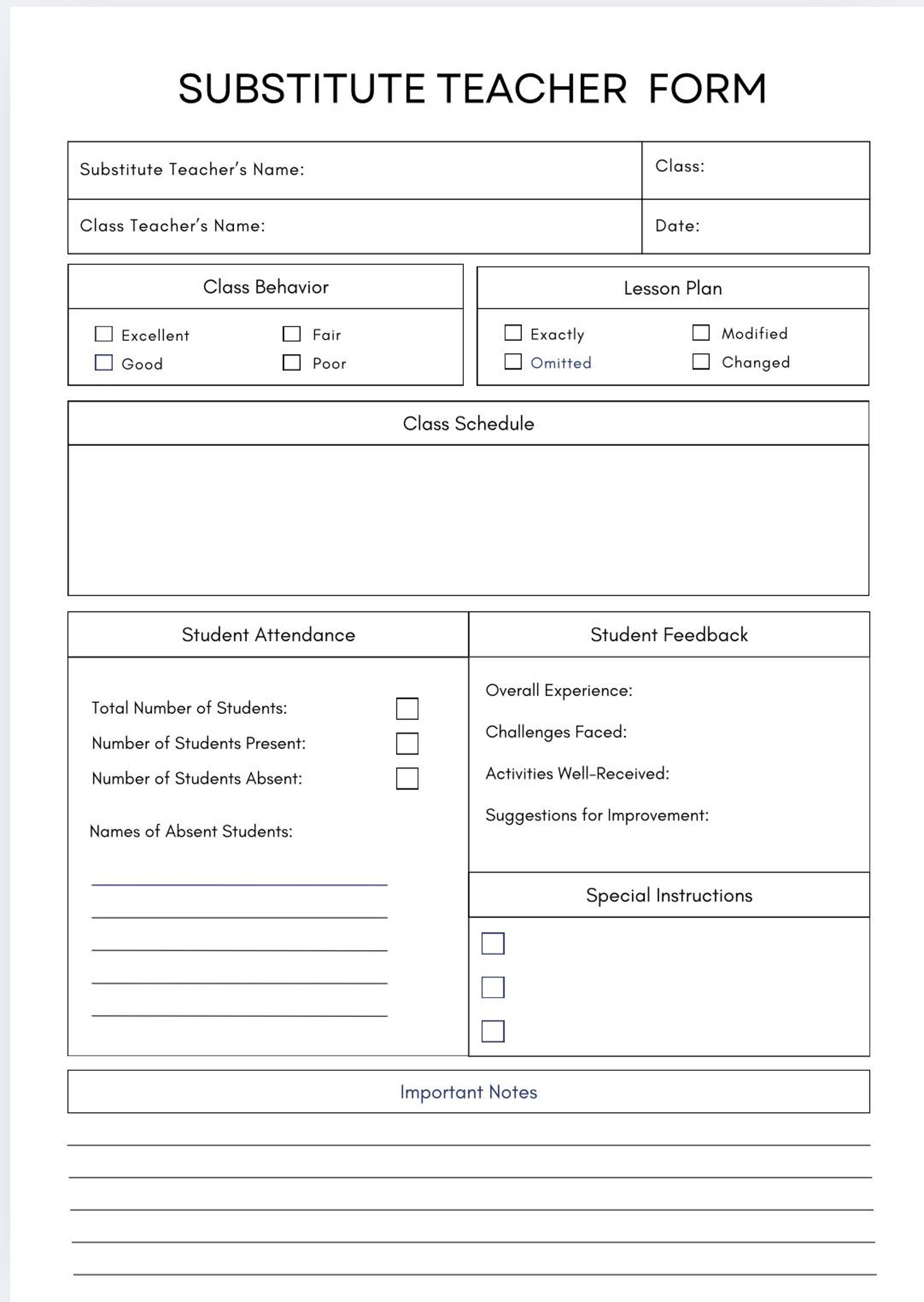 Substitute Teacher Form,lesson Planner,substitute Planner,teacher Sub Plan,lesson Plan Sheet ...