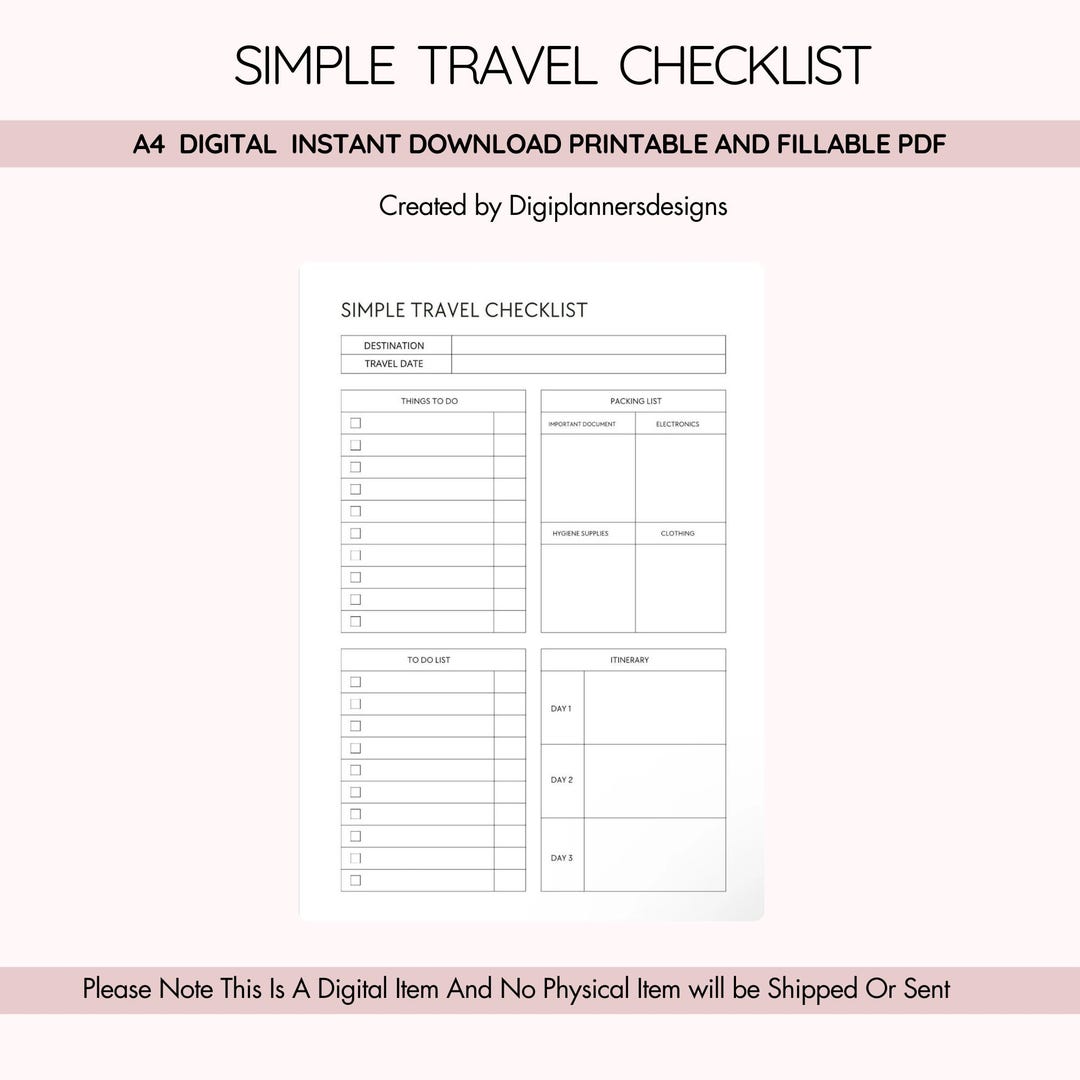 Simple Travel Checklist,essential Travel Planner,packing List,travel ...