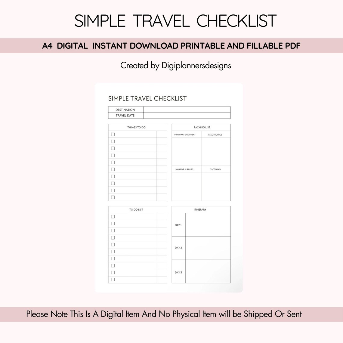 Simple Travel Checklist,essential Travel Planner,packing List,travel ...