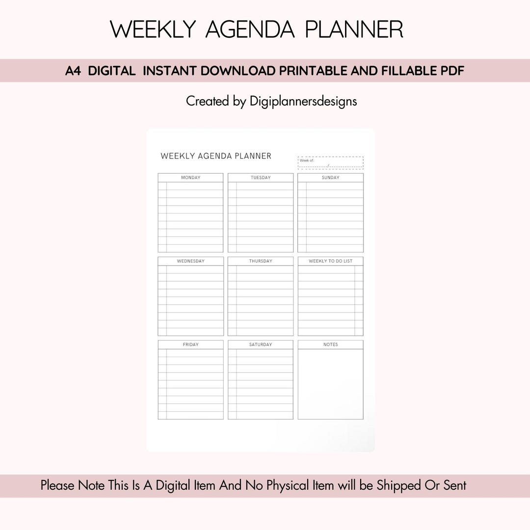 Weekly Agenda Planner,weekly Organizer,weekly Timeblocking,weekly ...