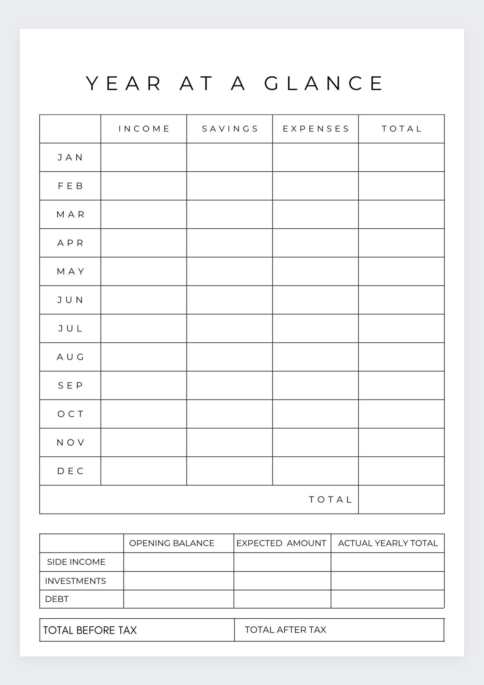 Year at a Glance,finance Tracker,annual Finance Planner,yearly Income ...